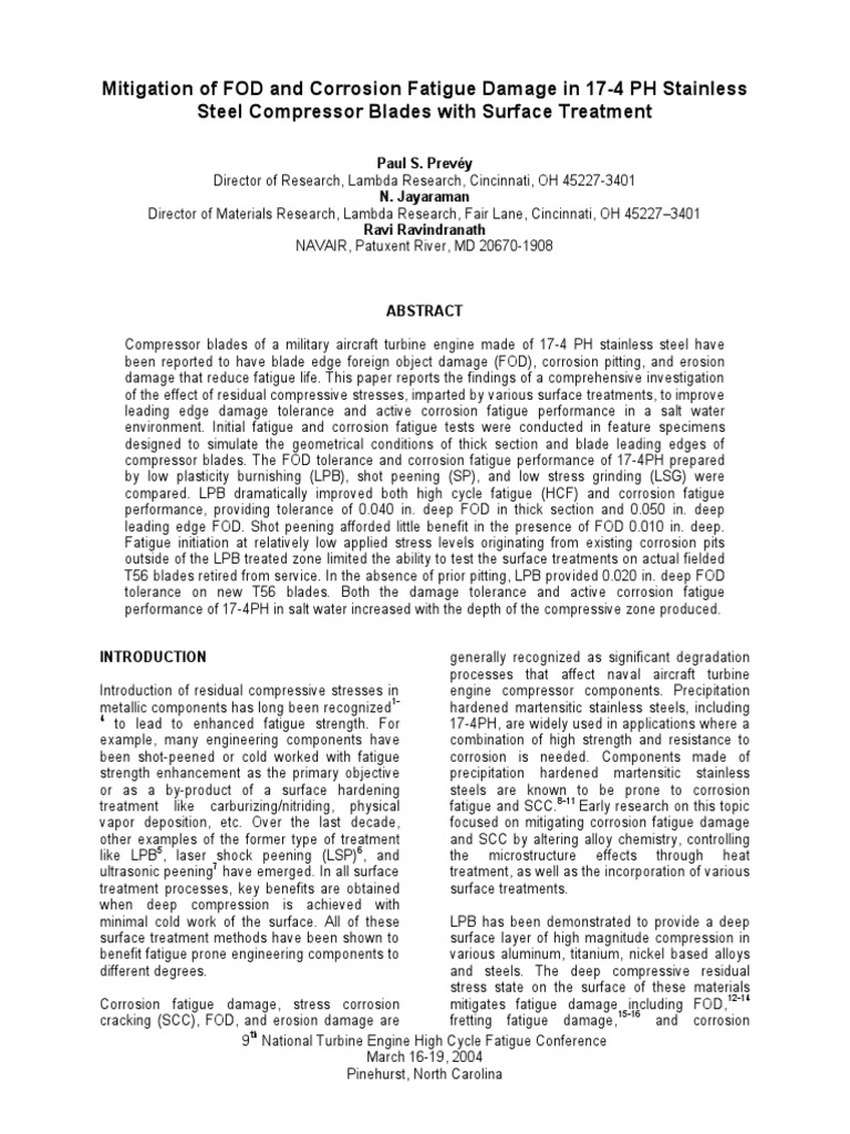 Mitigation of FOD and Corrosion Fatigue Damage in 17-4 PH Stainless ...