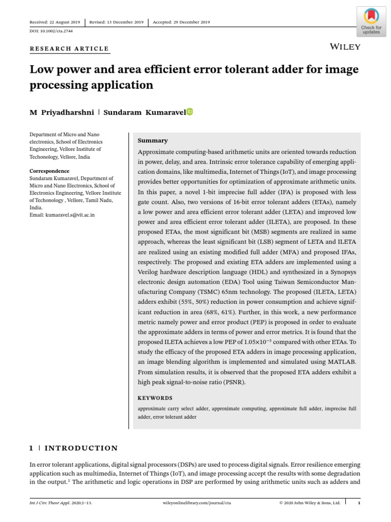 1 - 01 - 2020 - Low Power and Area Efficient Error Tolerant Adder For Image Processing ...