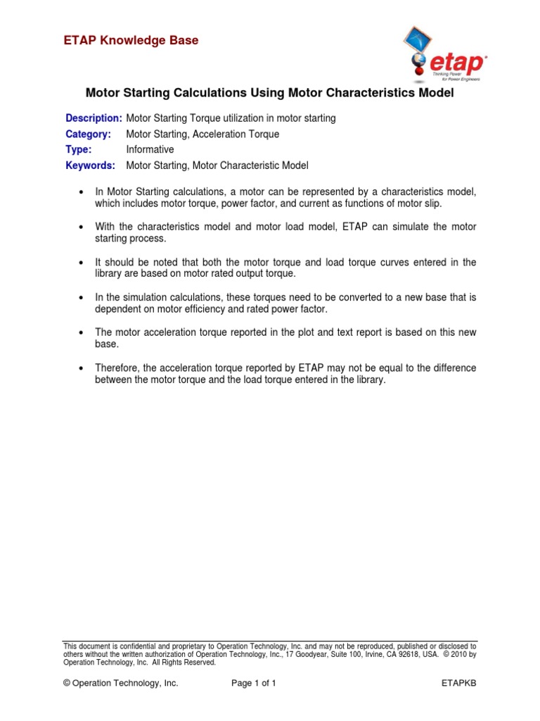 Motor Starting Calculations Using Motor Characteristics Model PDF | PDF ...