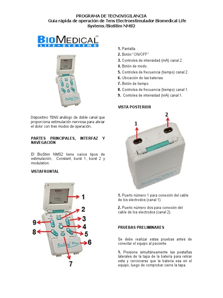 Guía Rápida Tens. Biomedical Life Systems BioStim NMS2 | PDF
