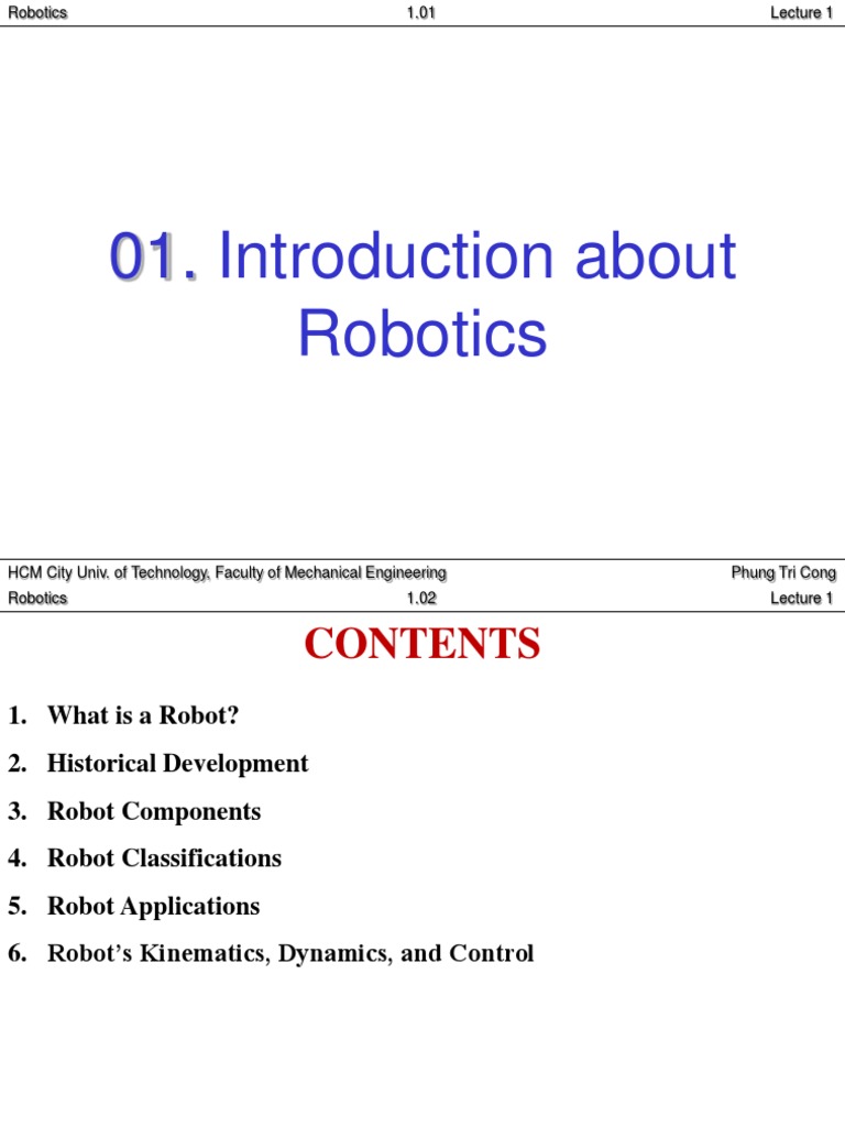 Lecture 1 Introduction Robotics | PDF | Kinematics | Machines