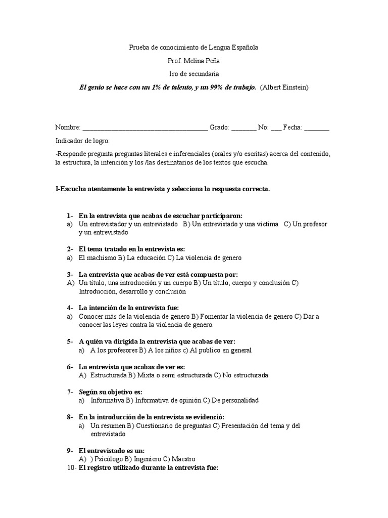 Prueba de Conocimiento de Lengua Española | PDF | Cognición | Ciencia ...