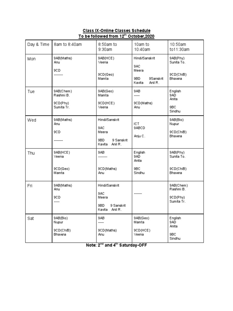 Day & Time 8am To 8:40am 8:50am To 9:30am 10am To 10:40am 10:50am To11 ...