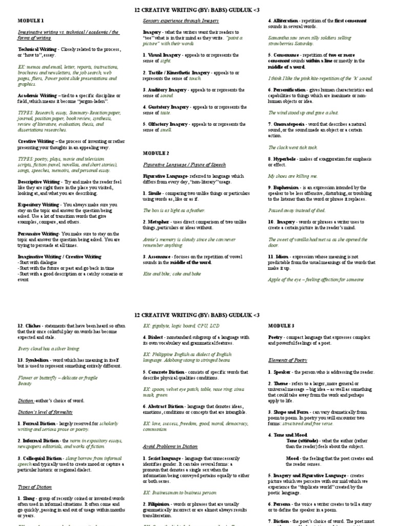 12 Creative Writing Reviewer (1-7) | PDF | Poetry | Narration