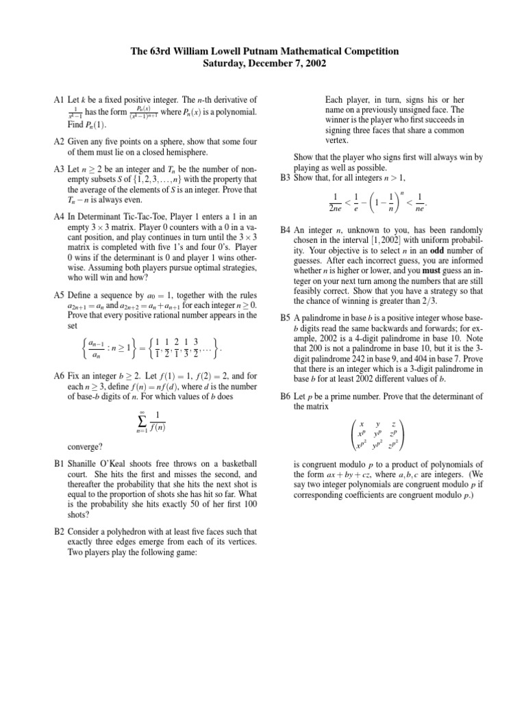 The 63rd William Lowell Putnam Mathematical Competition Saturday ...