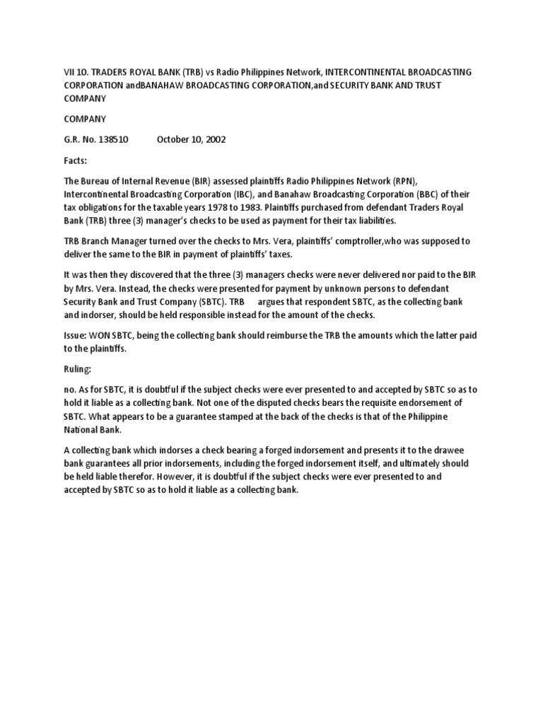 VII 10. TRADERS ROYAL BANK (TRB) Vs Radio Philippines Network ...