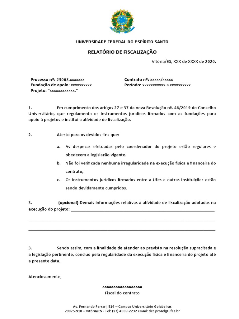 Relatório De Fiscalização Do Projeto Xxxxxxxxxxxx Pdf
