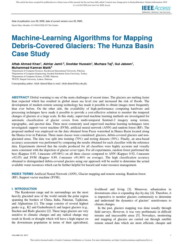 Machine-Learning Algorithms For Mapping Debris-Covered Glaciers: The Hunza Basin Case Study ...