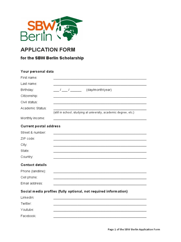 Application Form: For The SBW Berlin Scholarship | PDF | Academic Degree | Educational Stages