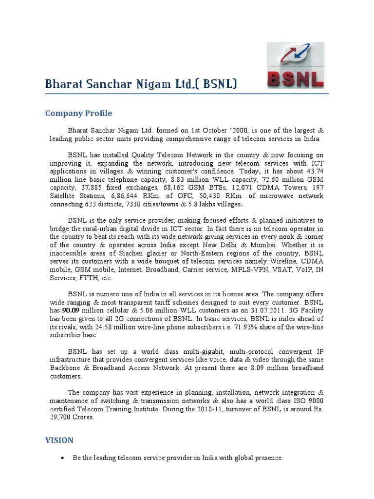 Bharat Sanchar Nigam Ltd. (BSNL) : Company Profile | PDF | Communication | Information And ...