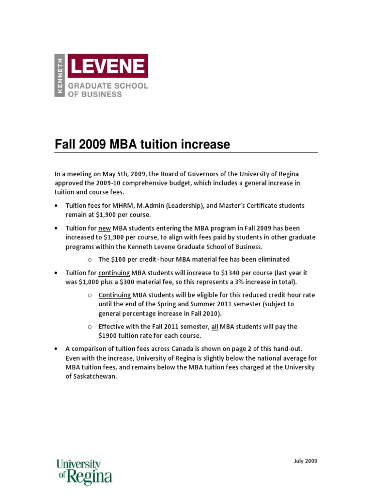 University of Regina MBA Tuition Update | PDF | Master Of Business ...
