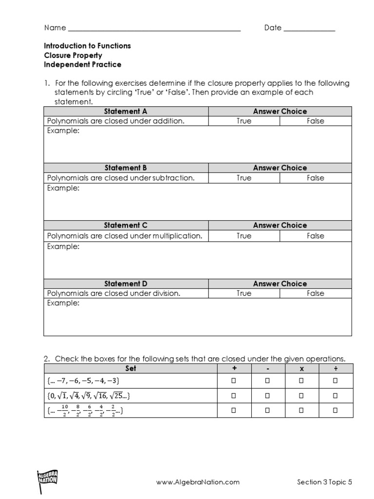 Introduction To Functions Closure Property Independent Practice | PDF