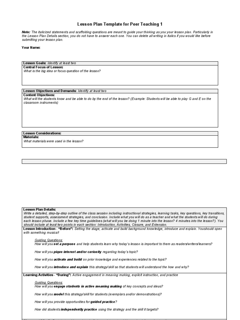 Peer Teaching Lesson Plan 1 Template MUE 110-1 | PDF | Lesson Plan ...