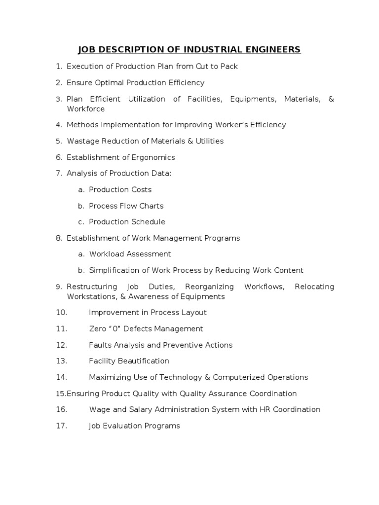 Industrial Engineer Job Responsibilities | PDF