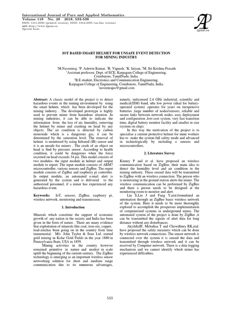 Iot Based Smart Helmet For Unsafe Event Detection For Mining Industry | PDF | Sensor | Arduino