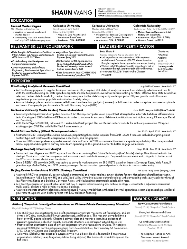 Wang, Shaun Resume | PDF | Startup Company | Small Business & Entrepreneurs