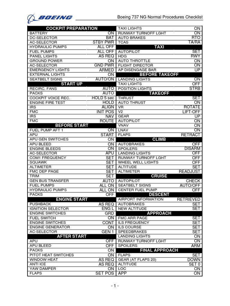 Boeing 737NG Checklist | PDF | Vehicle Parts | Aviation