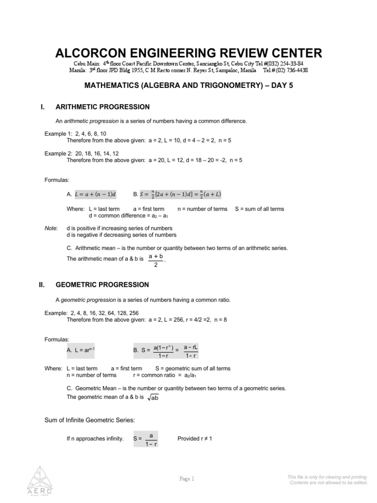 Alcorcon Engineering Review Center: Mathematics (Algebra and ...