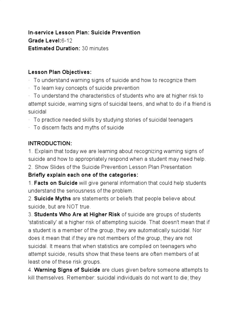 In-Service Lesson Plan Suicide Prevention | PDF | Suicide | Lesson Plan