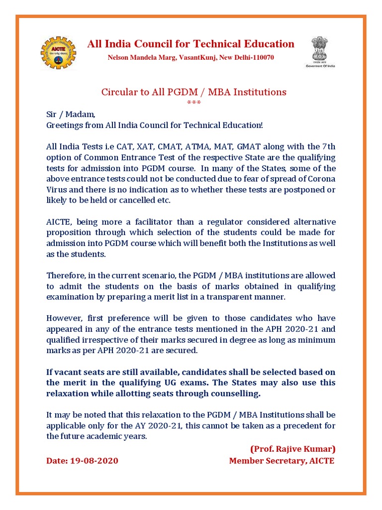 AICTE Circular Regarding Alternative Admission Criteria for PGDM/MBA Programs in Light of ...