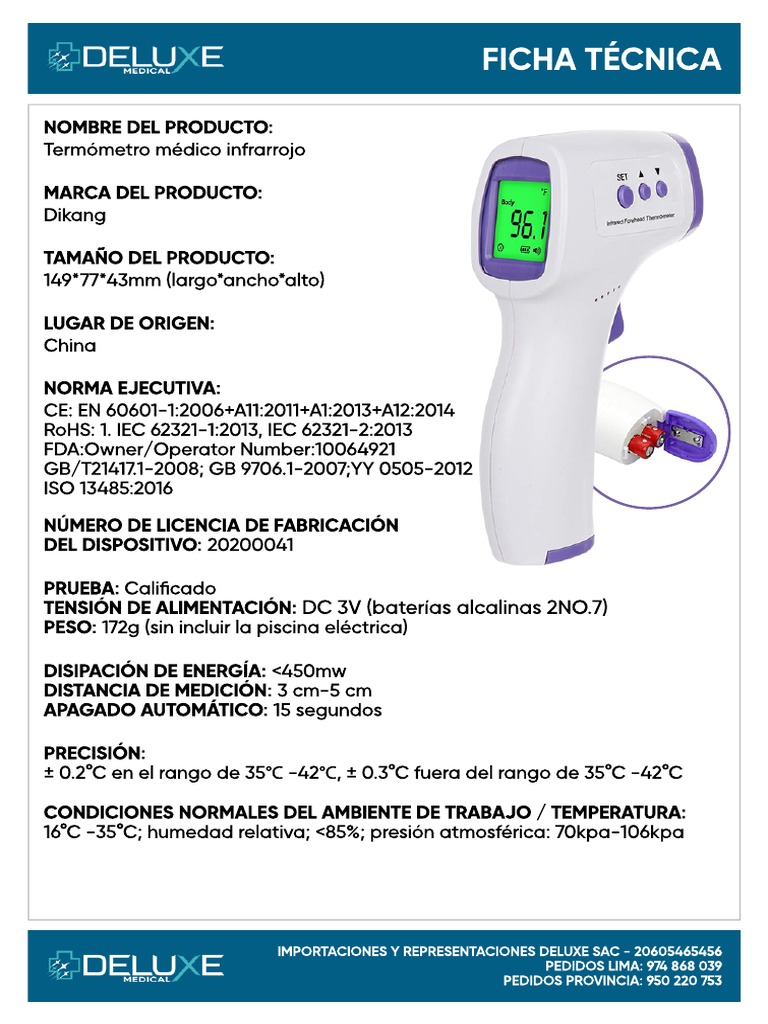 Ficha Técnica Termómetro Infrarrojo PDF | PDF