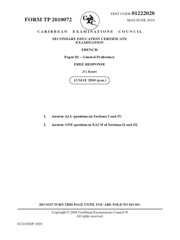 CSEC French June 2010 P2 | PDF