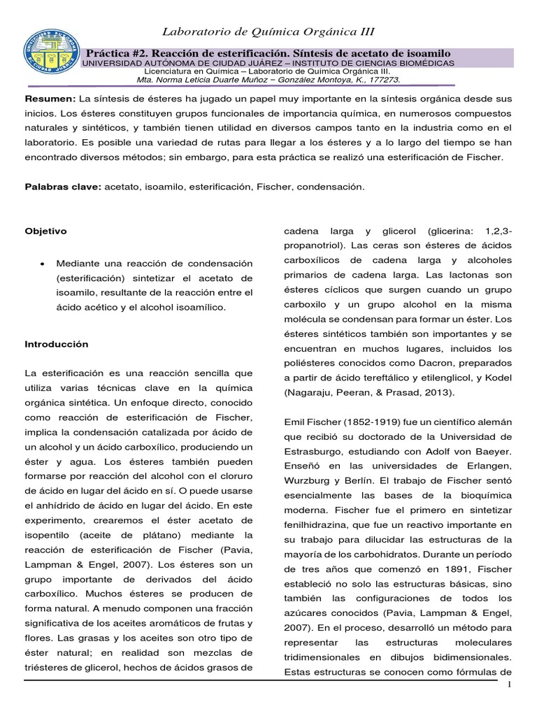 Práctica 2 Reacción De Esterificación 177273 Pdf Ester Ácido