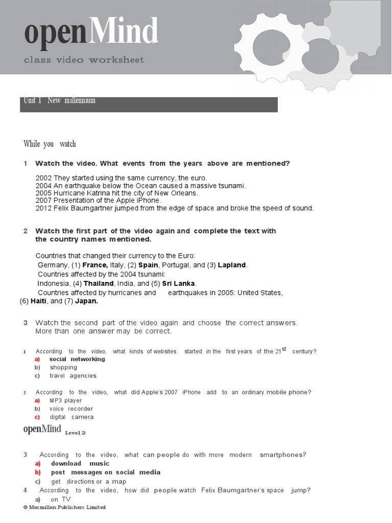 Openmind 2 Unit 1 Class Video Worksheet-Jorge | PDF | Parachuting | Earthquakes