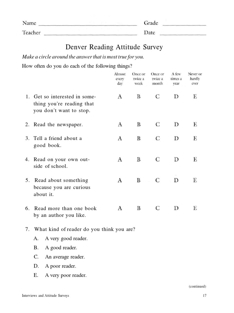 Denver Reading Attitude Survey: Make A Circle Around The Answer That Is ...