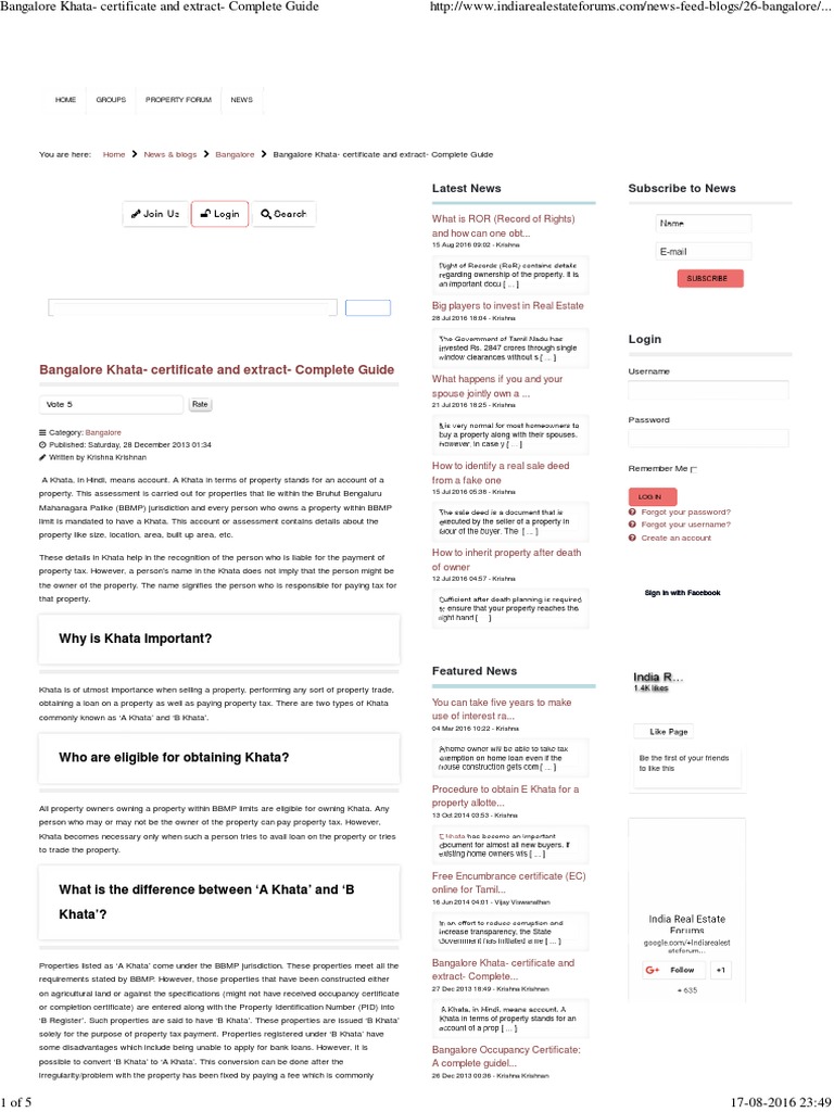 Bangalore Khata - Certificate and Extract - Complete Guide1 | PDF ...