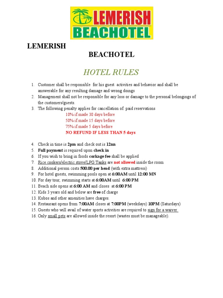 Lemerish Beachotel: Hotel Rules & Policies | PDF