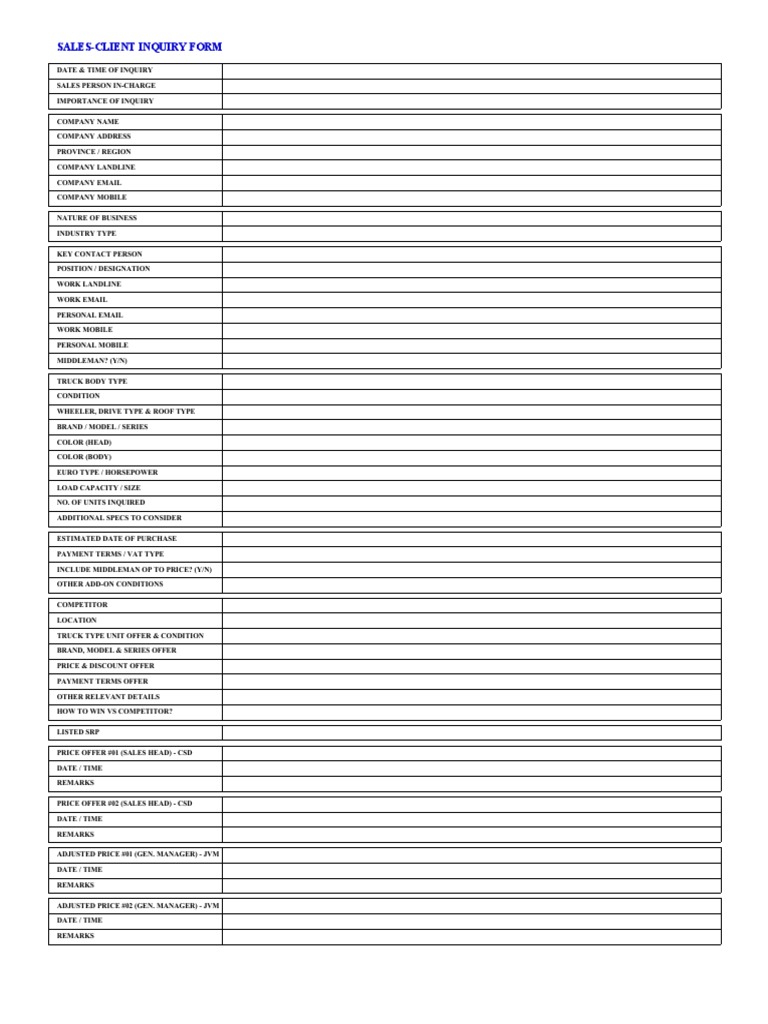 Sales Inquiry Form | PDF | Truck | Economies
