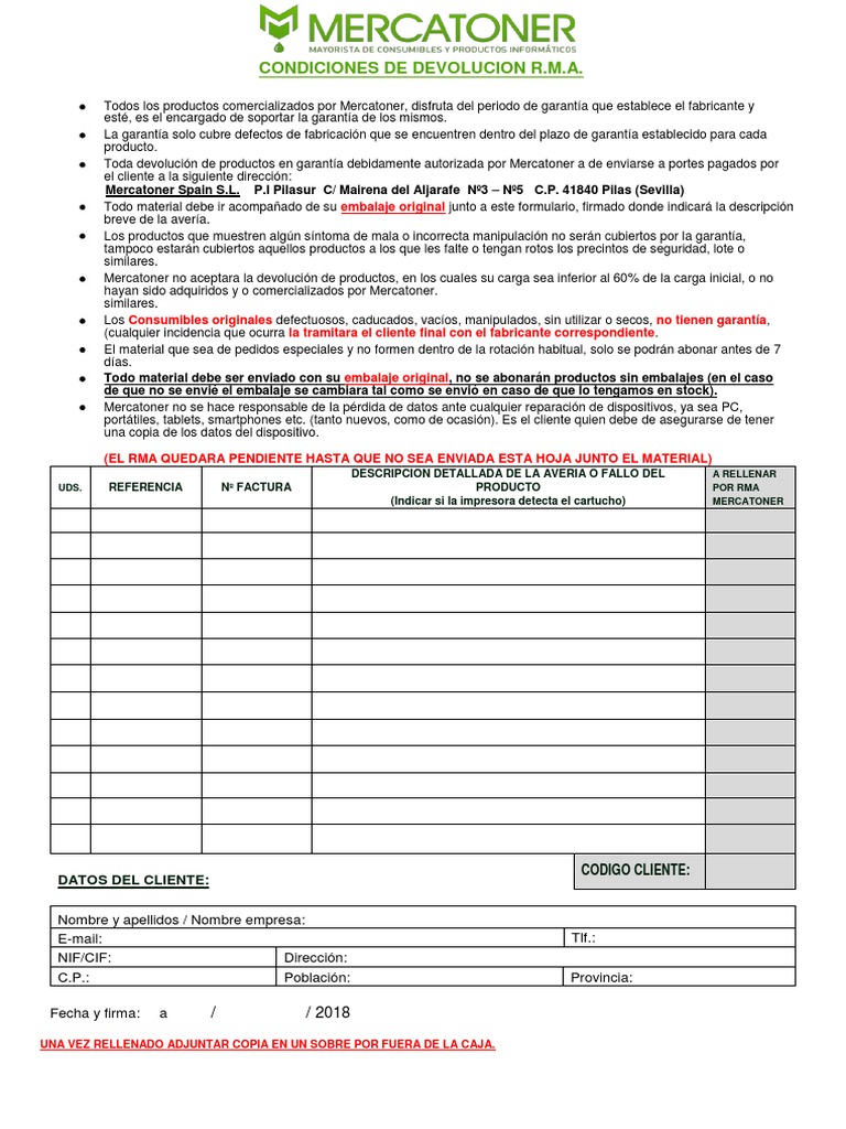 Formulario RMA Mercatoner 2018 PDF | PDF | Informática | Science