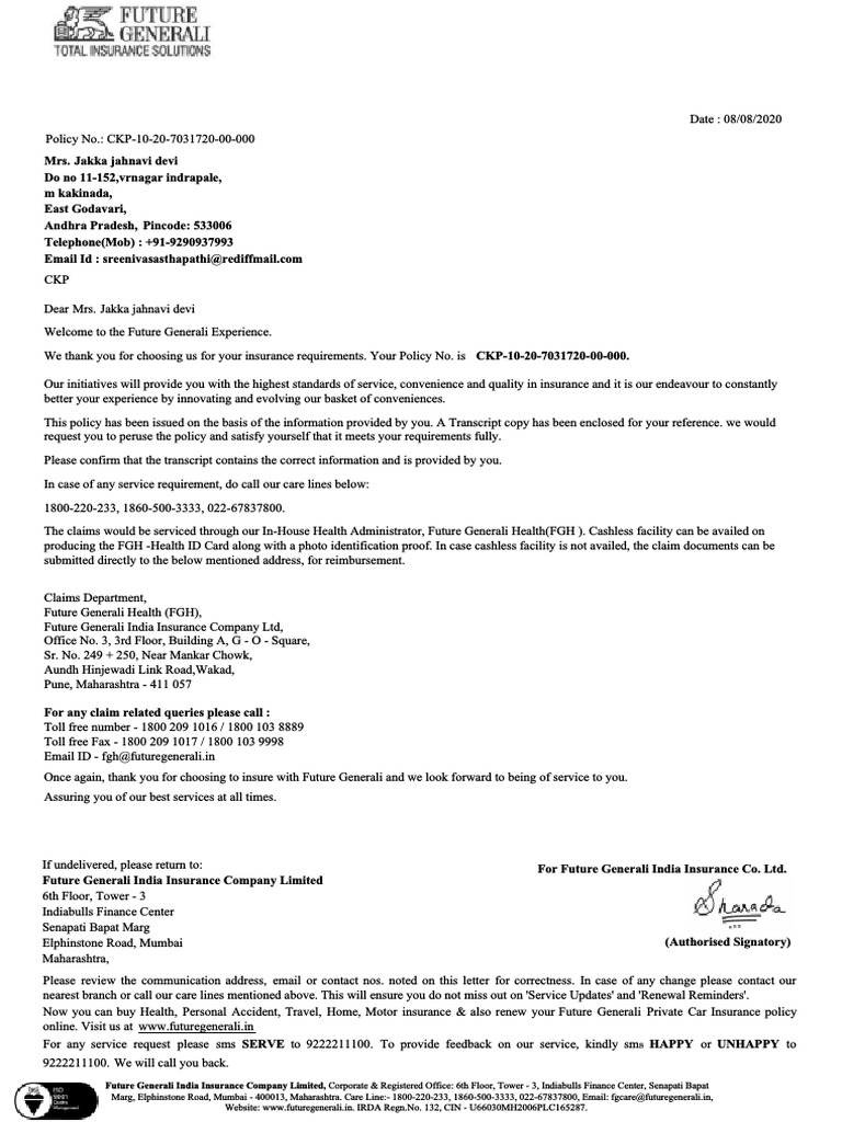 Insurance Policy Welcome Letter | PDF | Insurance | Business Law