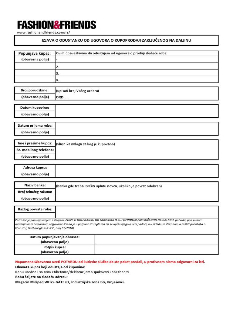 Obrazac Za Jednostrani Raskid Ugovora 2782018 | PDF