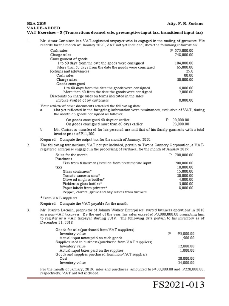 BSA 2105 Atty. F. R. Soriano Value-Added VAT Exercises - 3 ...