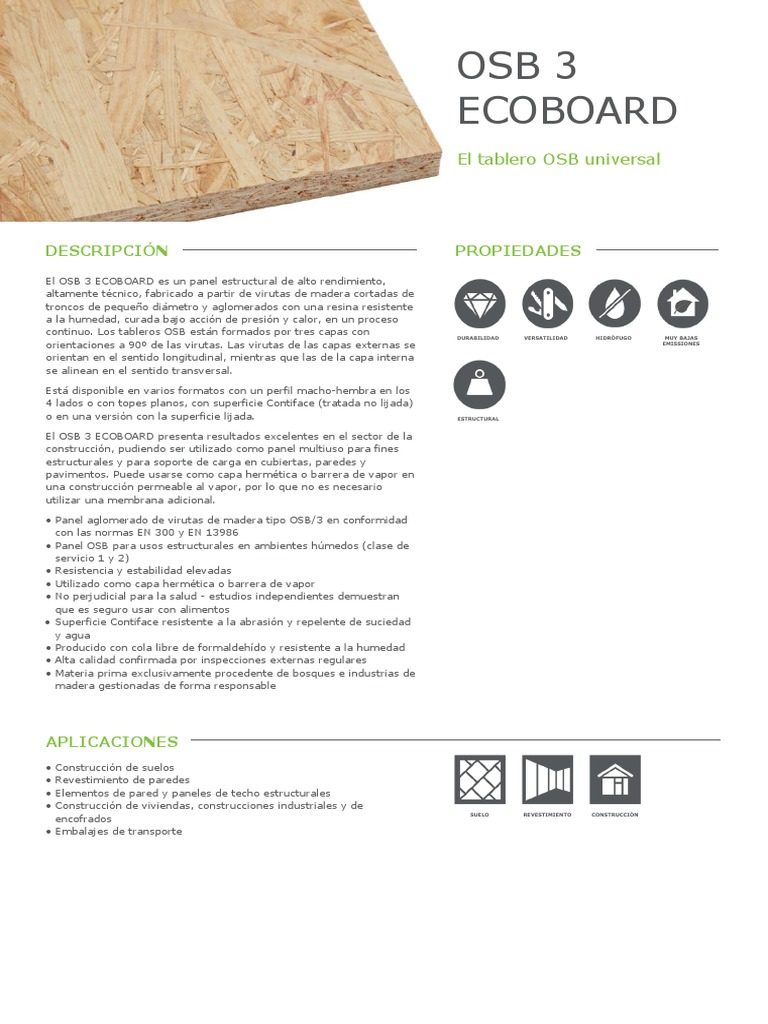 OSB 3 ECOBOARD Ficha Tecnica | PDF | Madera | Productos de madera
