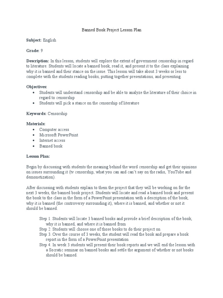Banned Book Project Lesson Plan | PDF | Censorship | Books