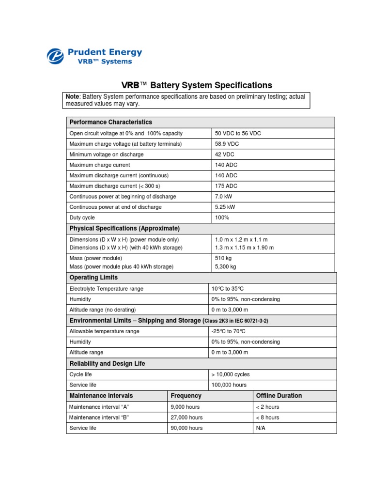 Prudent VRB Battery Specification PDF | PDF