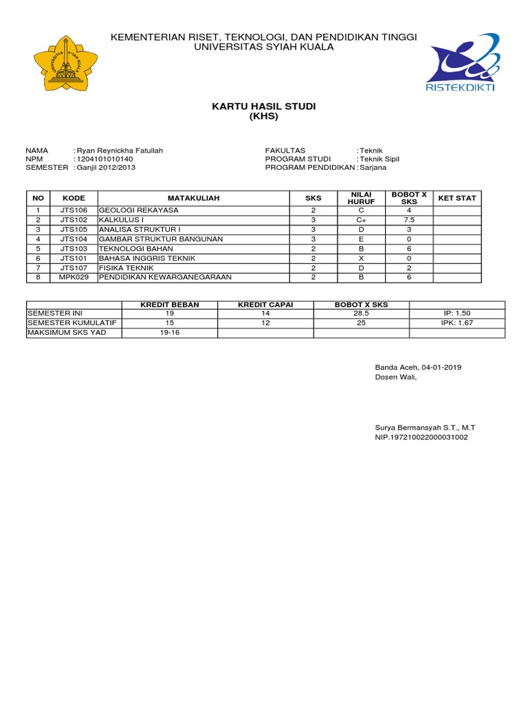 Cetak - Khs Semester 1 PDF | PDF