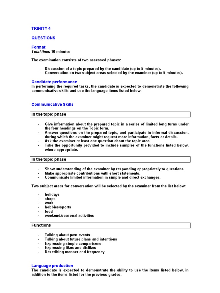 Trinity 4 Questions Format: Total Time: 10 Minutes | PDF | Test ...