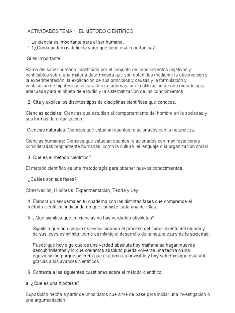 Actividades Tema 1 Metodo Cientifico | PDF | Hipótesis | Método científico