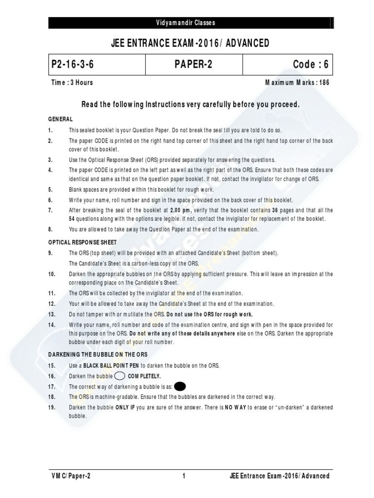 P2-16-3-6 Paper-2 Code: 6: Jee Entrance Exam-2016/Advanced | PDF ...
