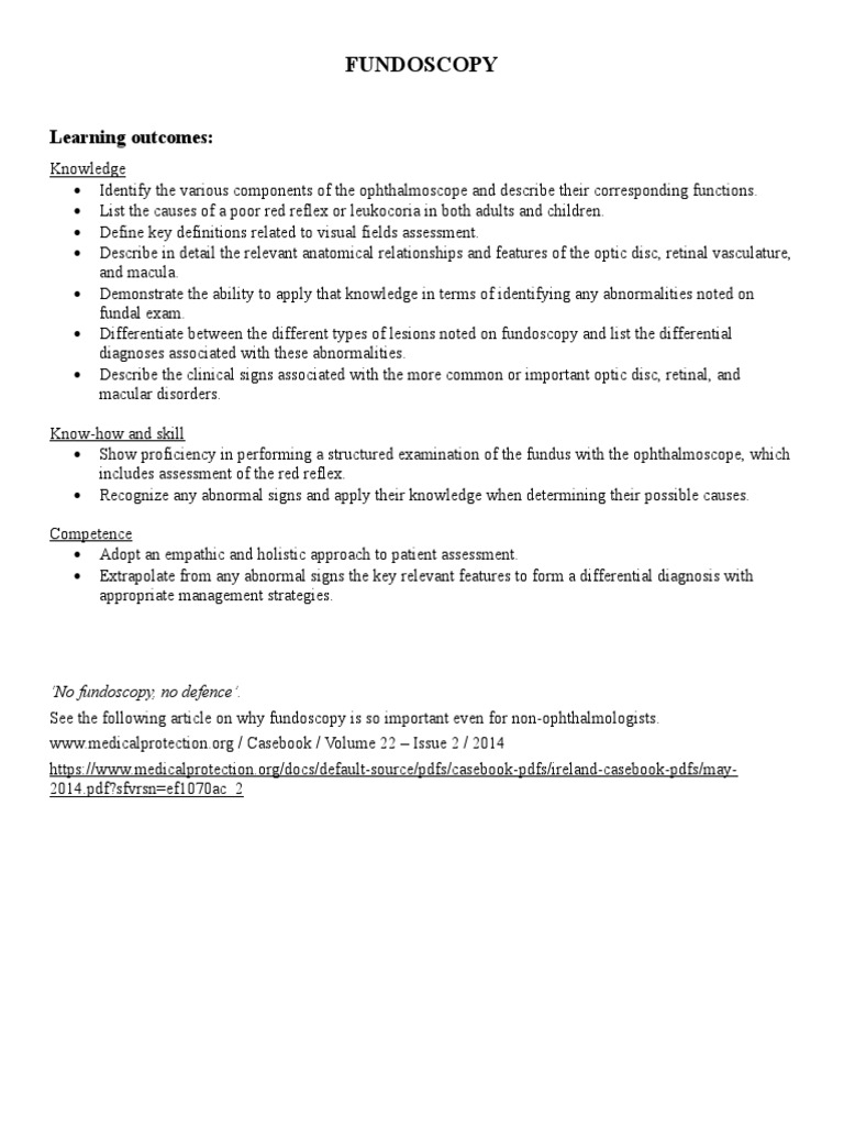 Fundoscopy: Learning Outcomes | PDF | Epidemiology | Light