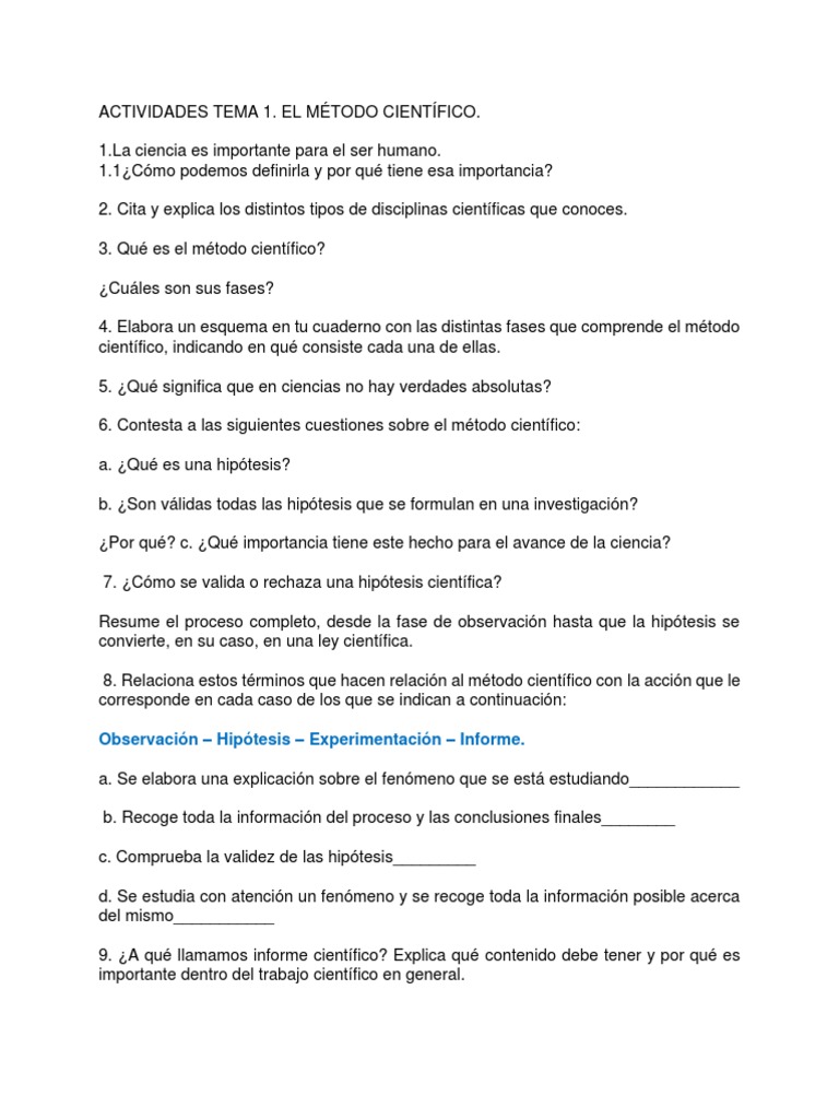 Actividades Tema 1 Metodo Cientifico | PDF