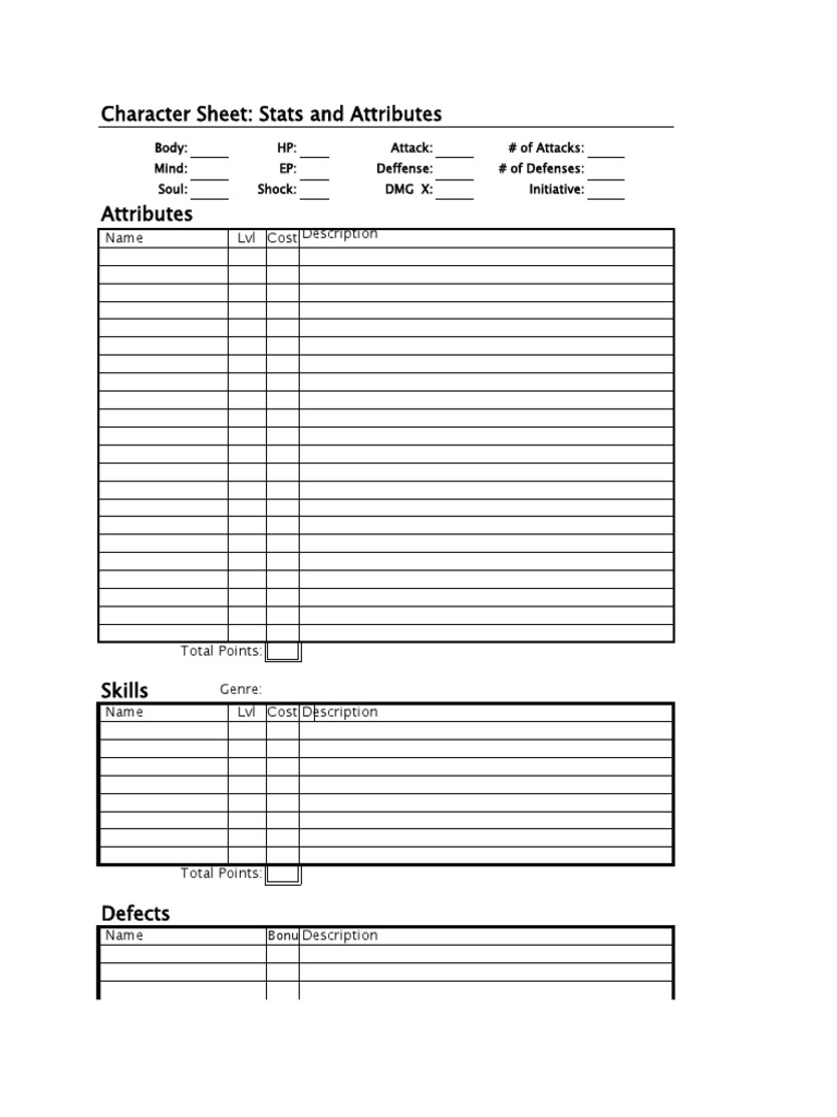 Character Sheet: Stats and Attributes: Name LVL Cost Description | PDF