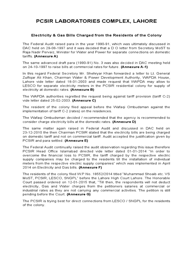 Pcsir Laboratories Complex, Lahore: Electricity & Gas Bills Charged ...