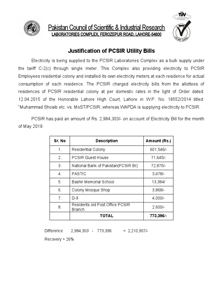 PCSIR Utility Bills Justification Report | PDF | Water Management | Water