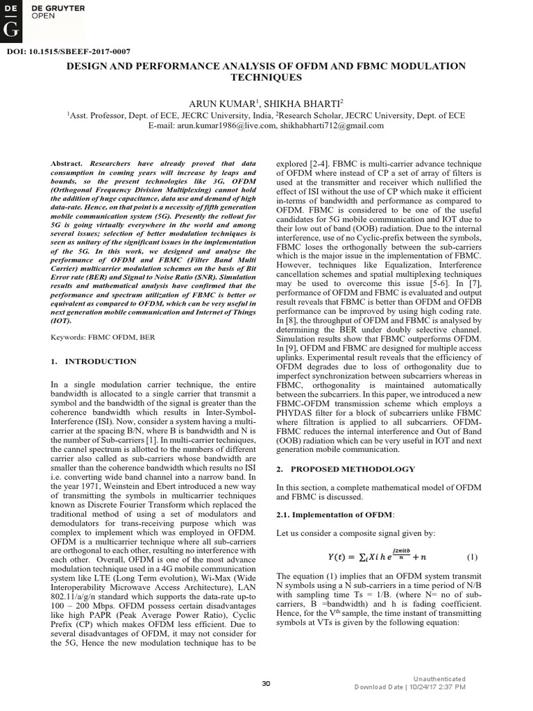 Design And Performance Analysis Of Ofdm And Fbmc Modulation Techniques Pdf Orthogonal