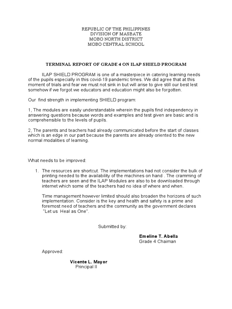 Terminal Report of Grade 4 On Ilap Shield Program | PDF